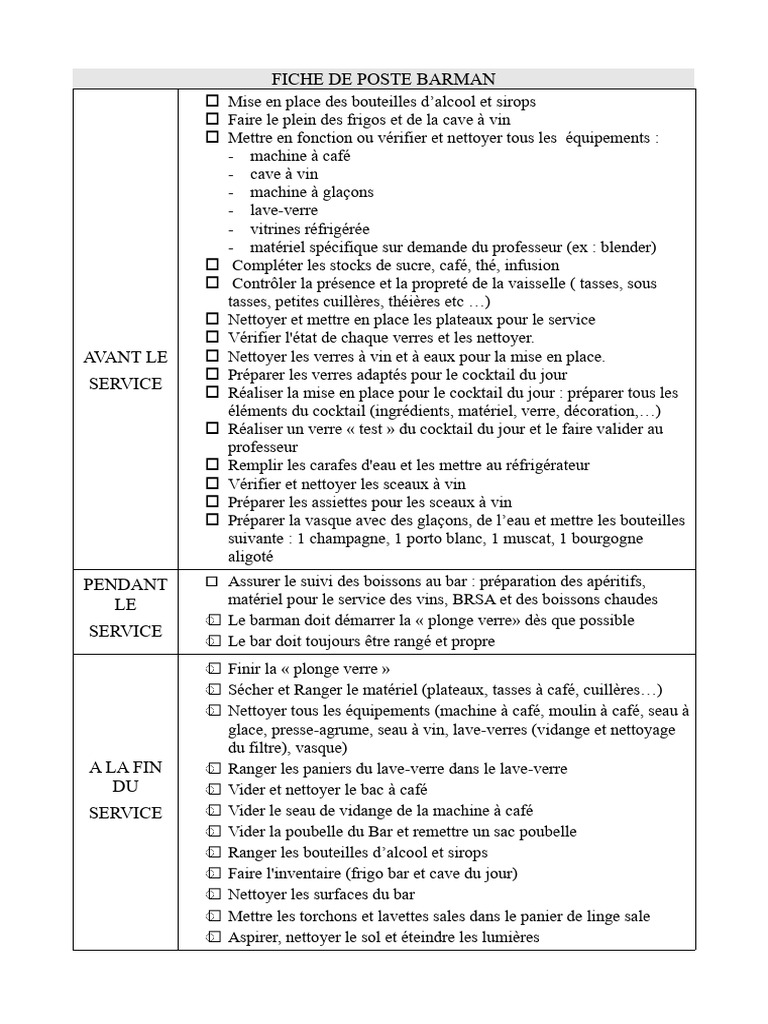 Fiche Poste Barman | PDF