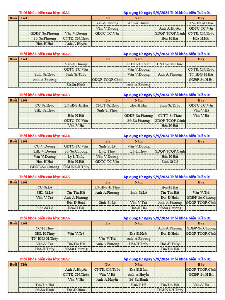 TKB lớp tuần-01 NH-24-25 | PDF