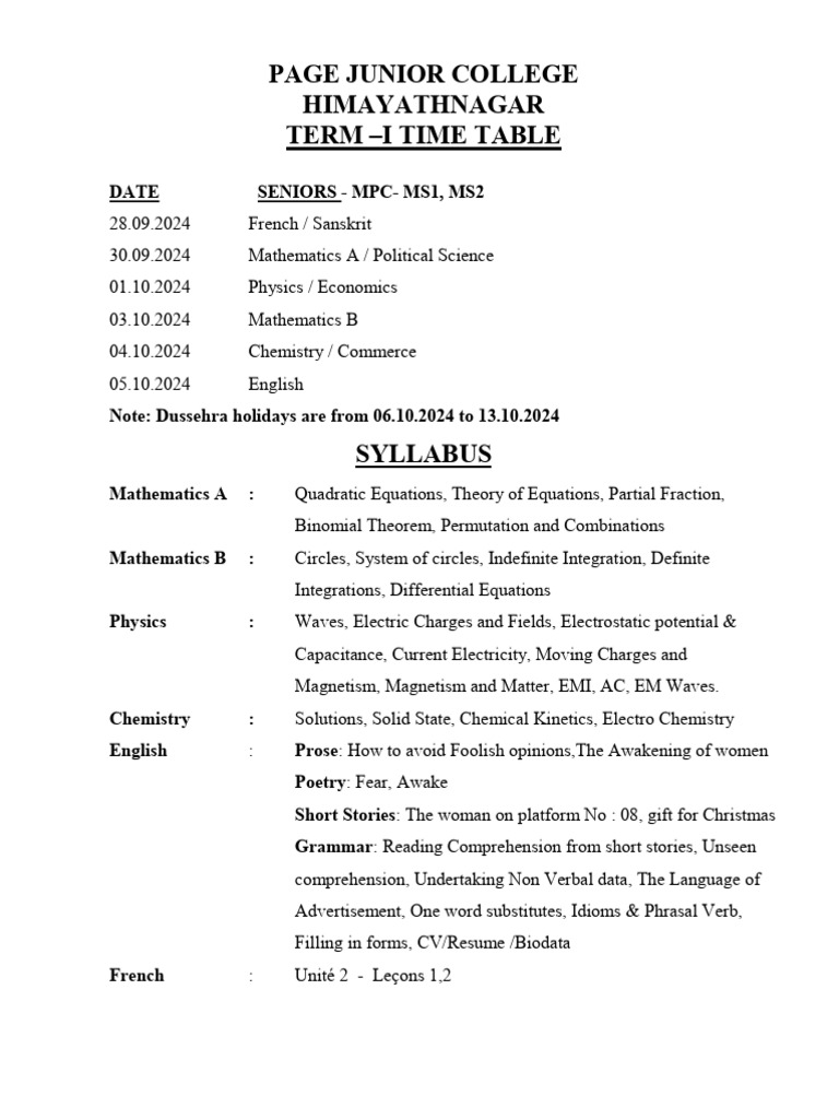 SR MPC - MS1, MS2 Term - 1 Time Table | PDF