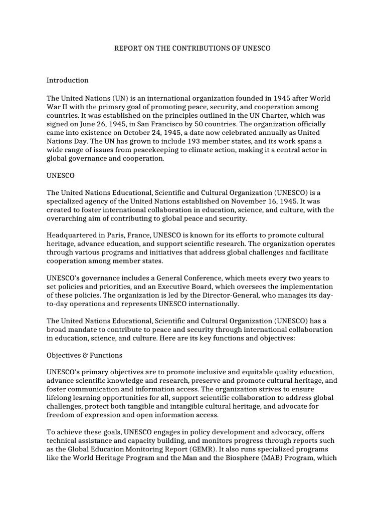Report On The Contributions of Unesco | PDF
