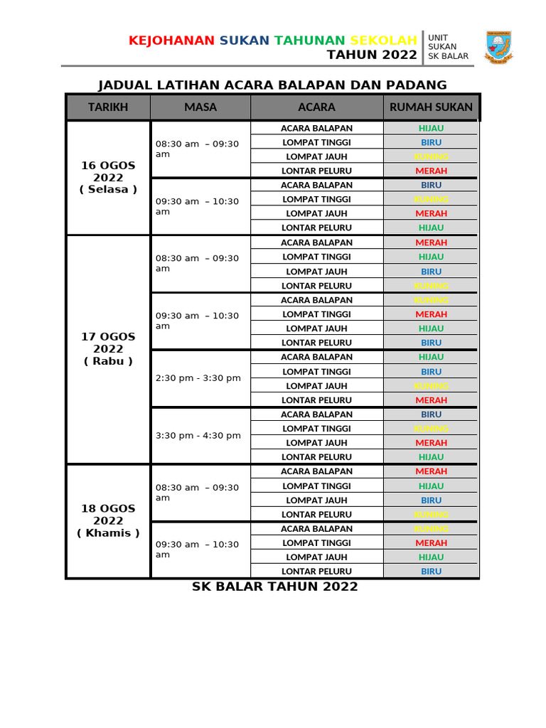 Jadual Latihan Acara Balapan Dan Padang | PDF