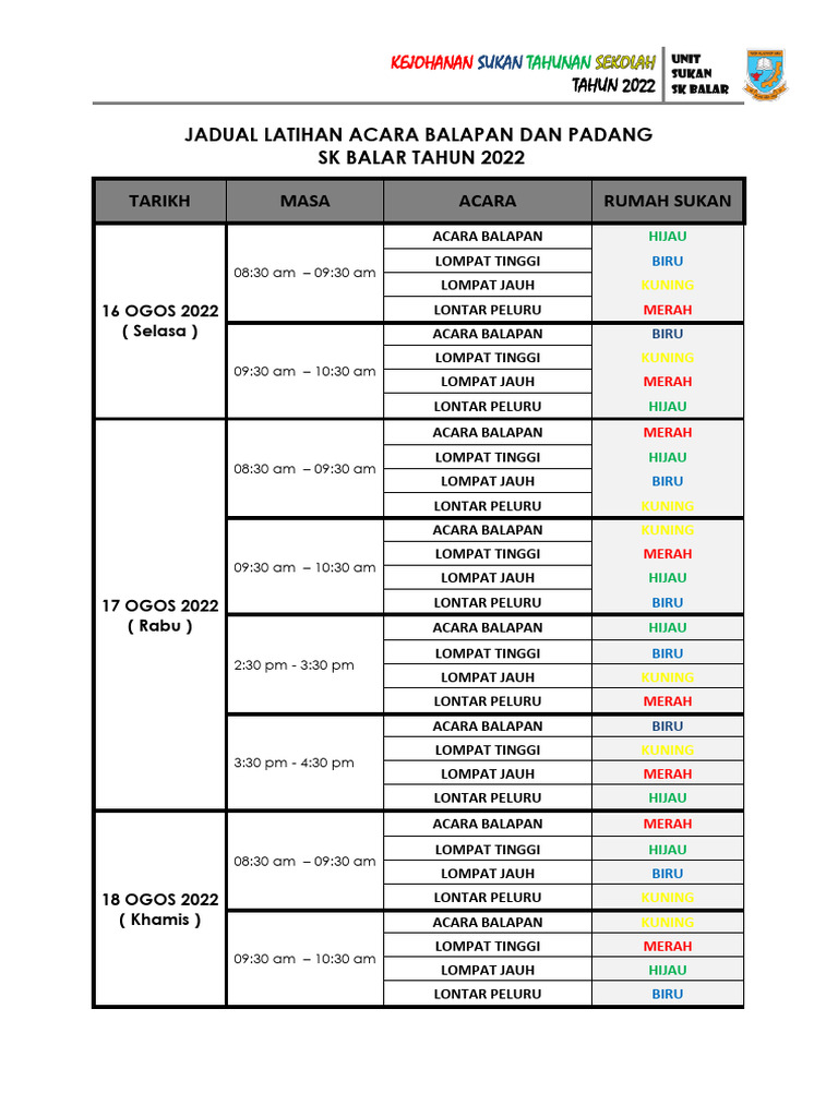 Jadual Latihan Acara Balapan Dan Padang | PDF