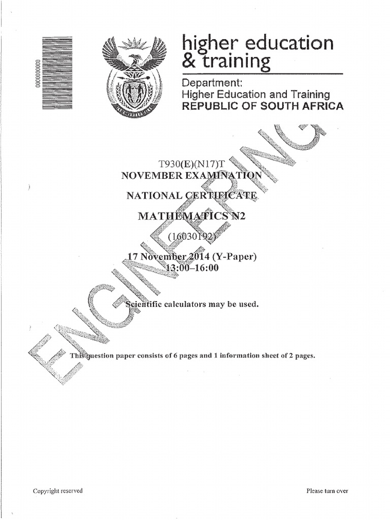 Mathematics N2 Y Paper Nov 2014 | PDF