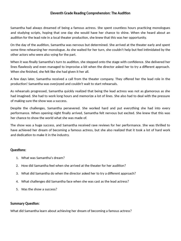 Reading-Comprehension-Grade-11-The Audition-Passage With Questions | PDF