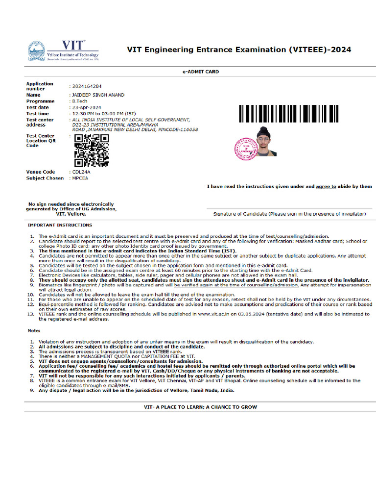 Vit Admit Card | PDF