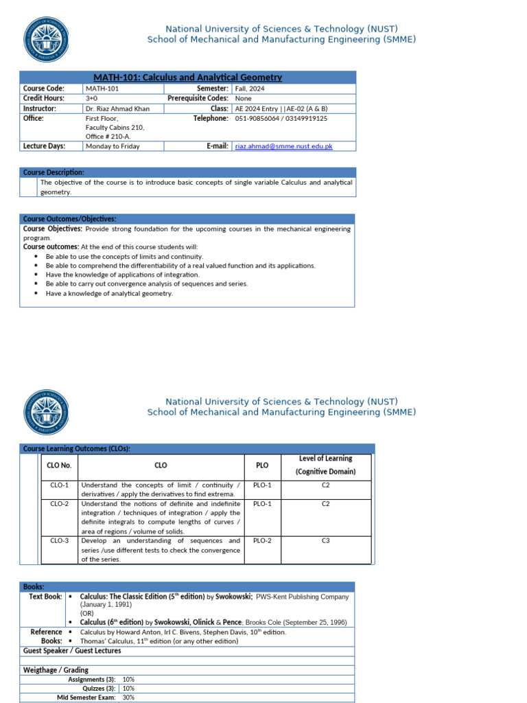 Course Outline and Teaching Plan-MATH-101 Calculus and Analytical Geometry (Fall 2024) | PDF