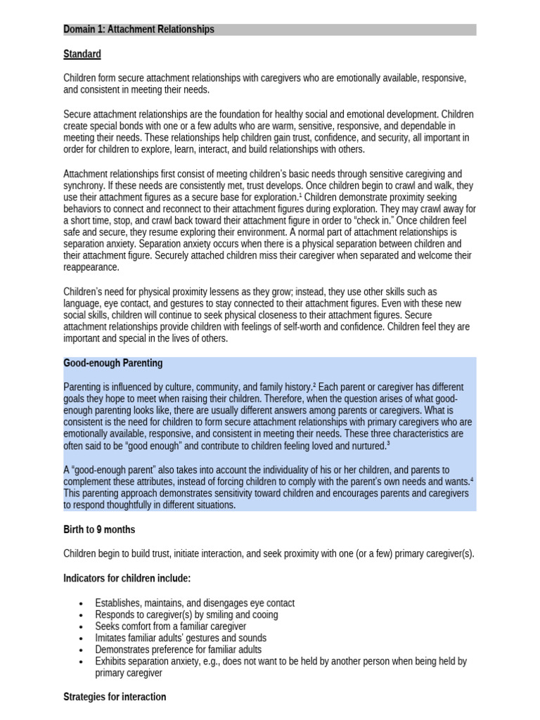 Developmental Domain 1: Attachment Relationships | PDF