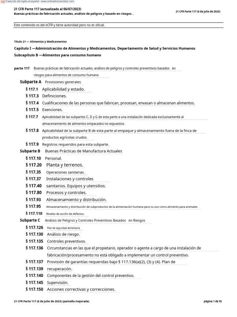 FDA - 21 CFR Part 117 (Up To Date As of 7-06-2023) .En - Es | PDF