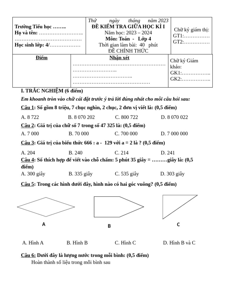 De Thi GK1 Mon Toan 4 CTST de 3 | PDF