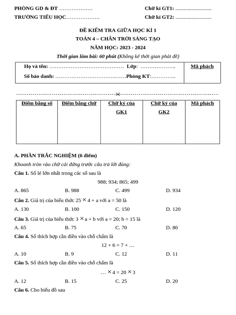 De Thi GK1 Mon Toan 4 CTST de 2 | PDF