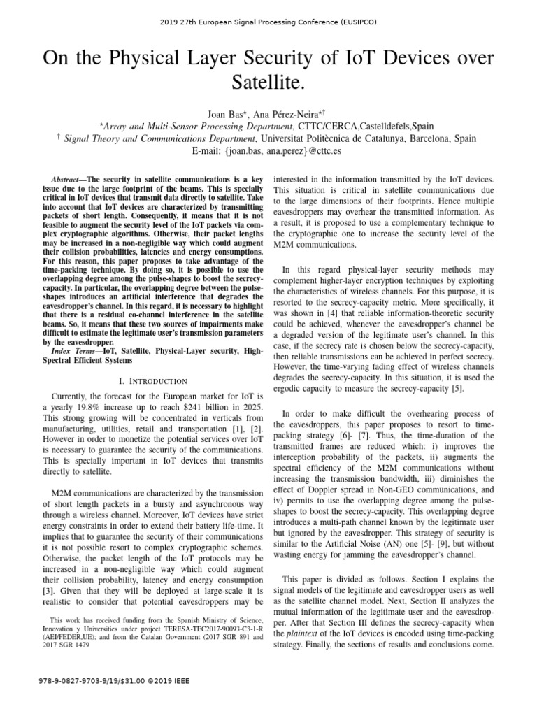 On The Physical Layer Security Of Iot Devices Over Satellite Pdf