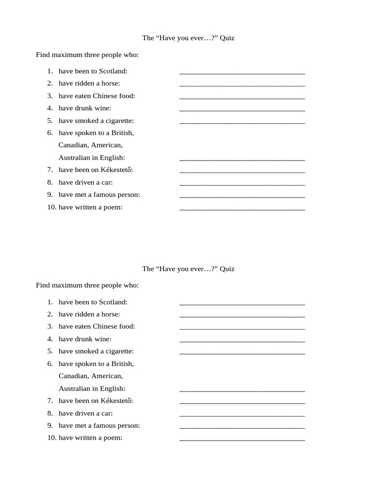 Have You Ever Quiz | PDF