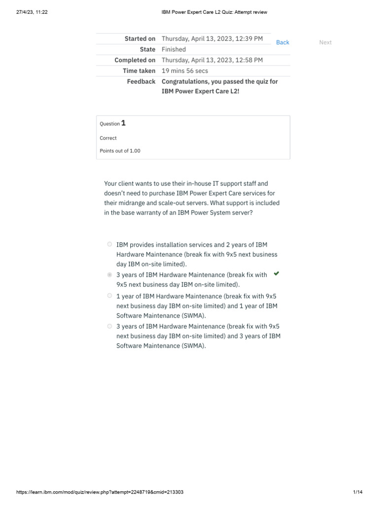 IBM Power Expert Care L2 Quiz - Attempt Review | PDF
