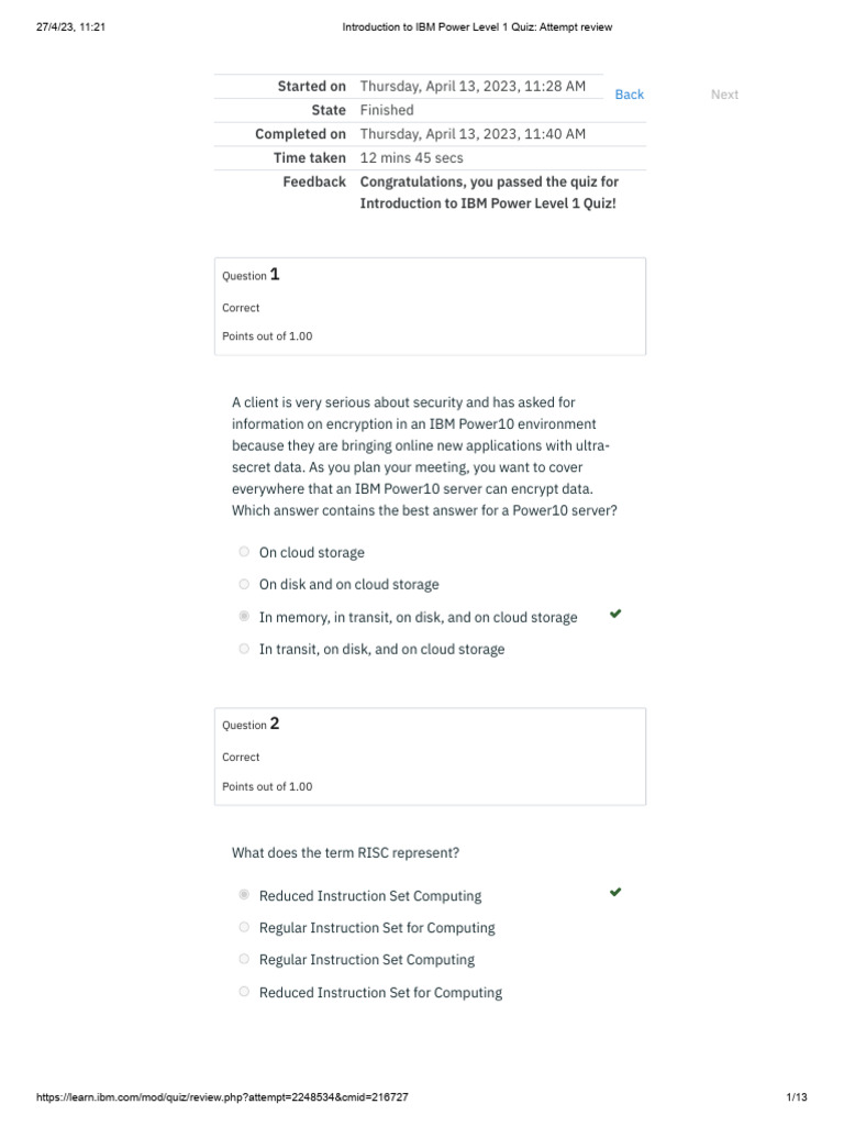 Introduction To IBM Power Level 1 Quiz - Attempt Review | PDF