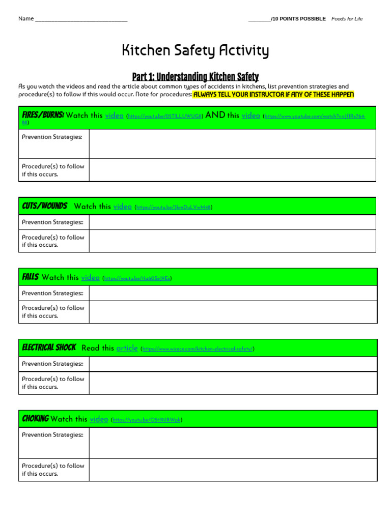 Kitchen Safety Worksheet | PDF