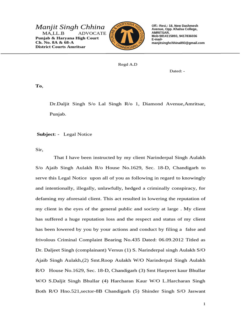 NPS Aulakh Legal Notice Defamation | PDF