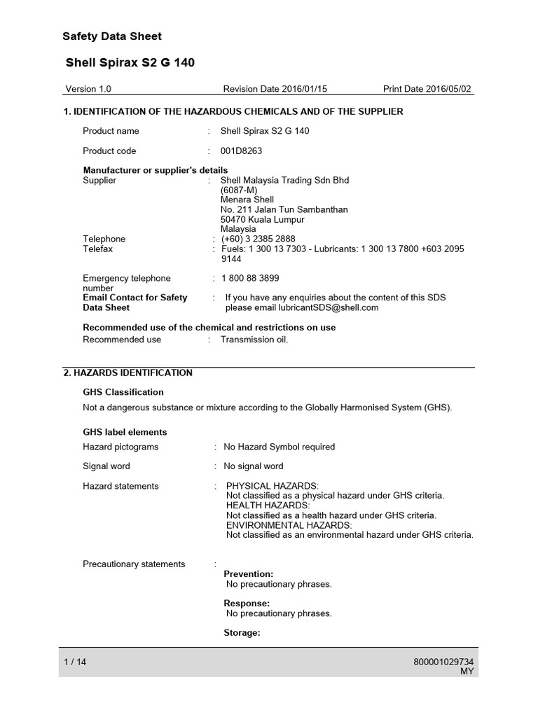Shell Spirax S2 G 140 - MSDS | PDF
