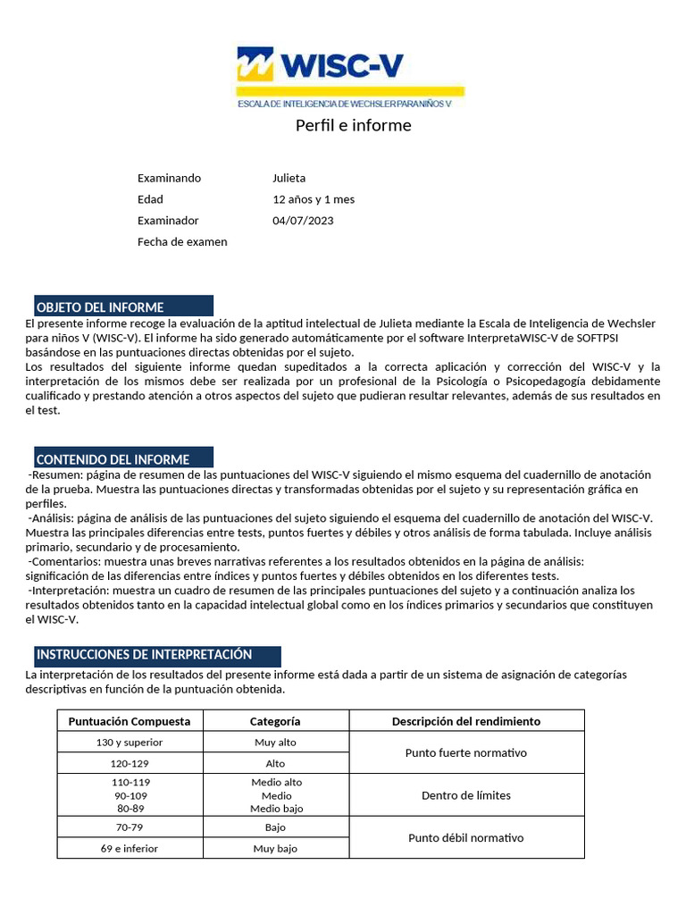 Informe WISC-V | PDF