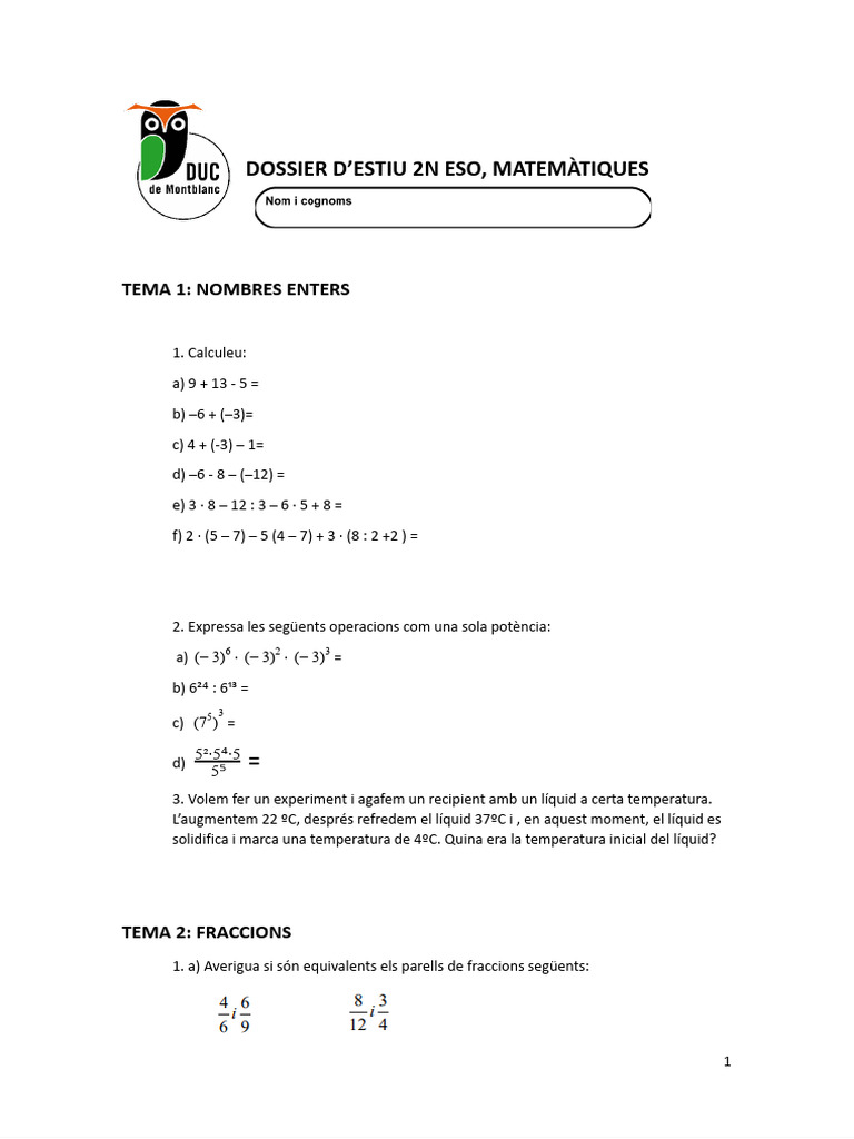 Matemàtiques - Deures Destiu 2n ESO | PDF