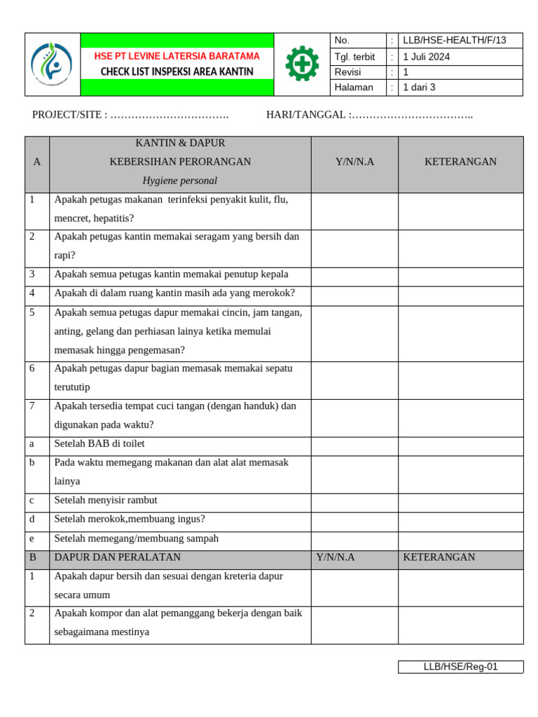 FORM INSPEKSI KANTIN | PDF