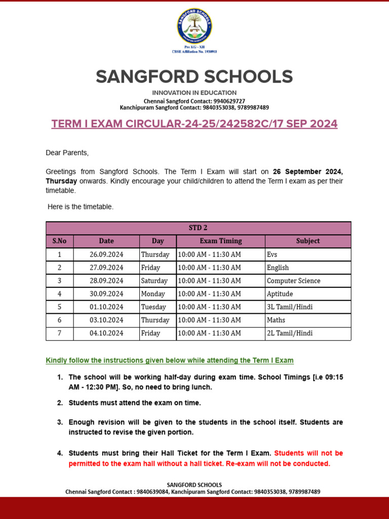 STD 2-Term I Exam Circular - 242582C - 17 Sep 2024 | PDF