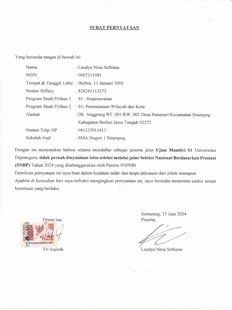 Surat Pernyataan Nesa | PDF