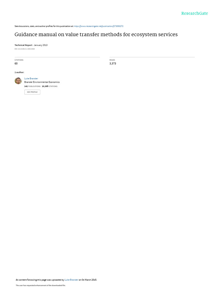 Guidance Manual On Value Transfer Methods For Ecosystem Services | PDF