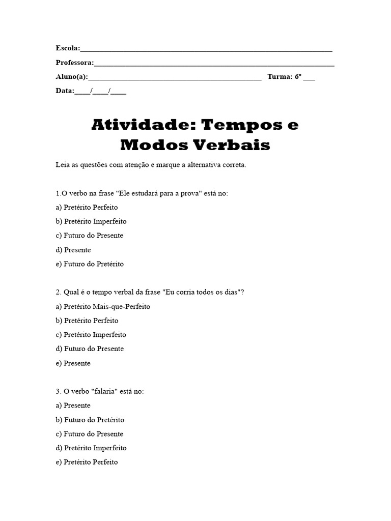 Atividades para o 6º Ano Sobre Tempos e Modos Verbais. | PDF ...