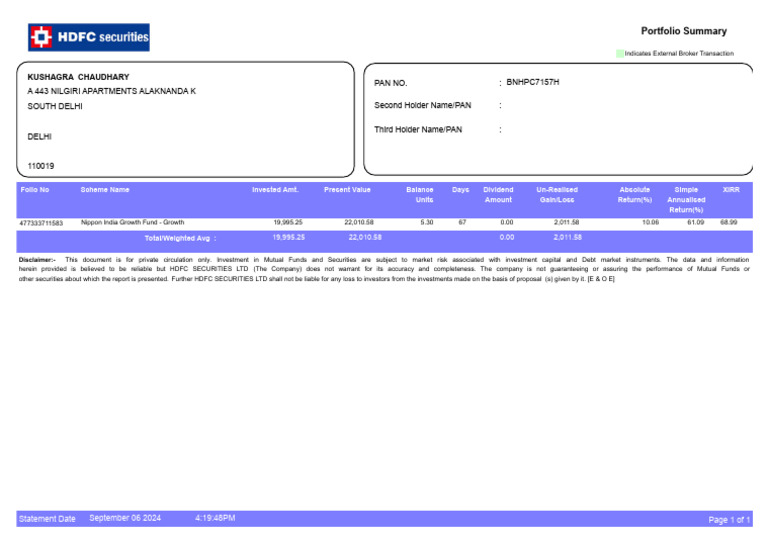 Portfolio Statement FY 2024-2025 | PDF