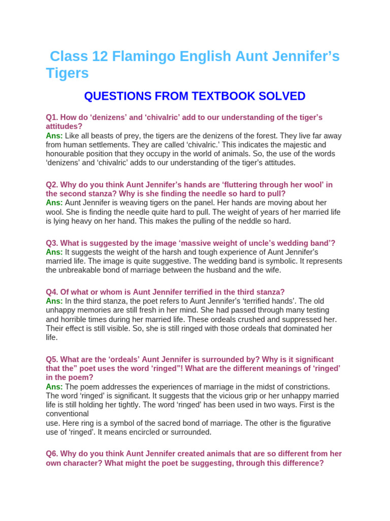 Class 12 Flamingo Aunt Jennifer's Tigers | PDF
