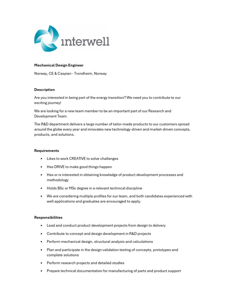 Interwell Mechanical Design Engineer | PDF