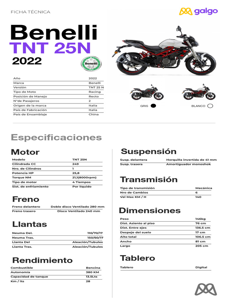 Ficha T Cnica Benelli TNT 25 N Galgo | PDF