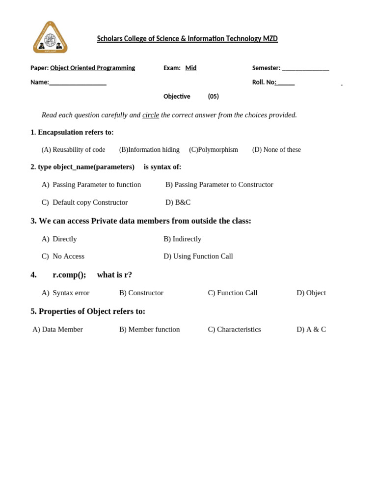 OOP Mid Paper 2nd Semest | PDF