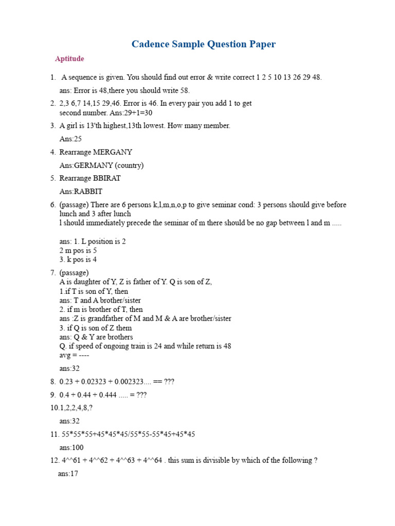 Cadence Aptitude Old Paper | PDF