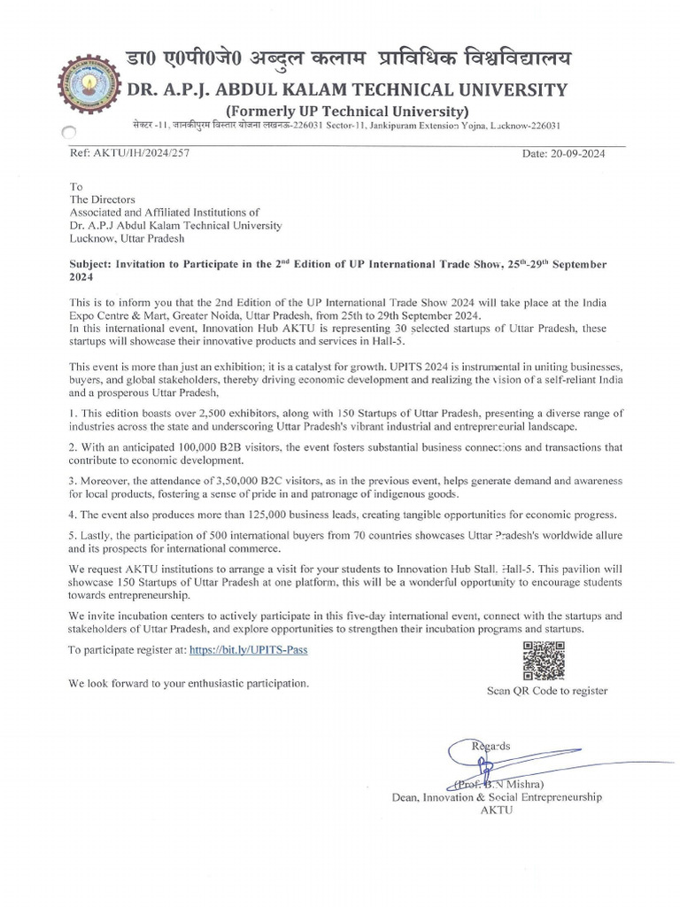 UPITS 2024-Letter To AKTU Institutions | PDF