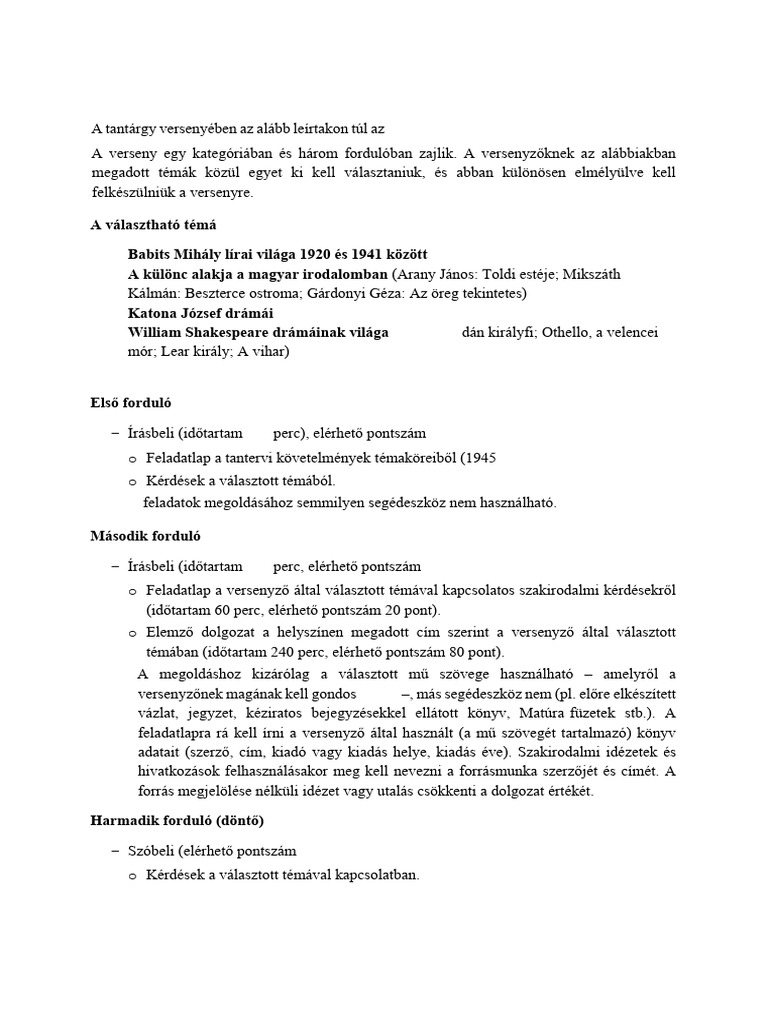 Magyar Irodalom OKTV Versenykiírás 2024-25 | PDF