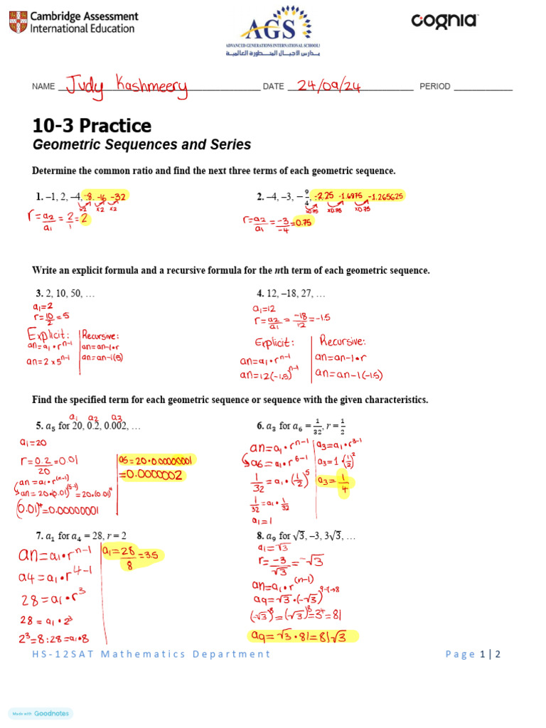 Practice Worksheet Geometric Sequences and Series | PDF