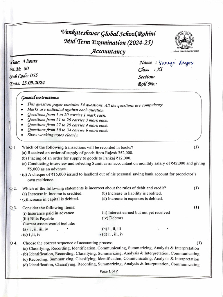 Accountacy Mid Term Exam | PDF