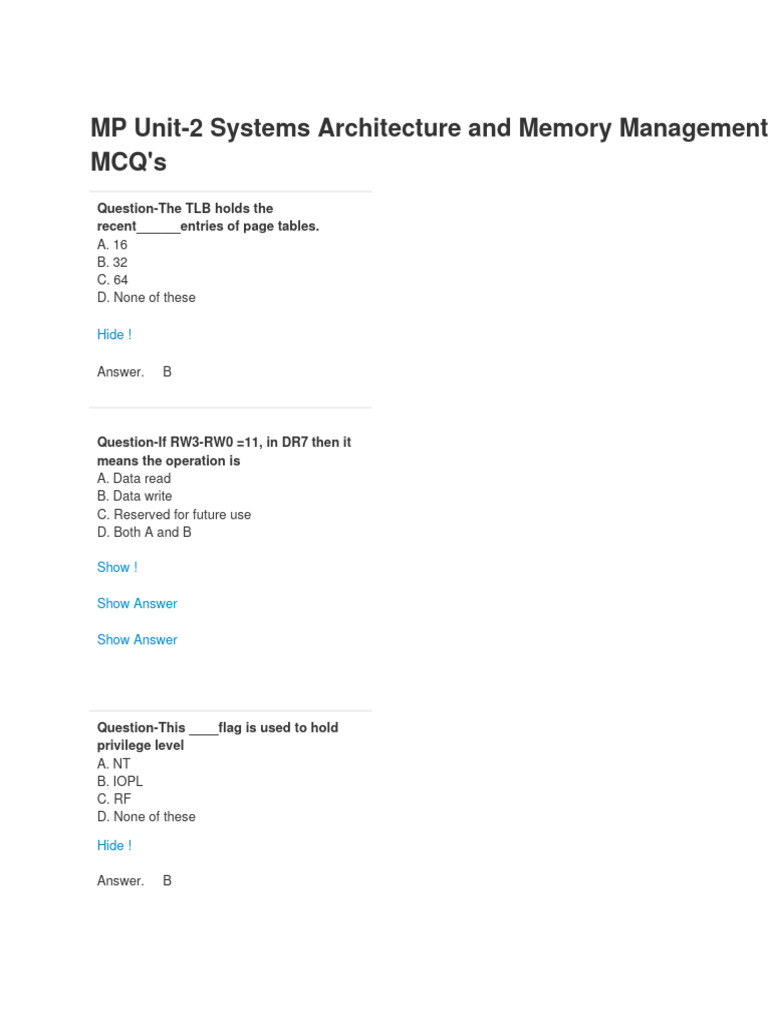 MP Unit 2 Systems Architecture and Memory Management MCQ's | PDF