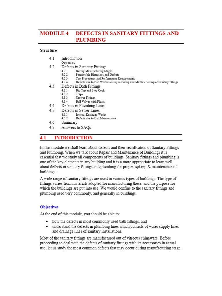 Defects in Sanitary Fittings and Plumbing | PDF