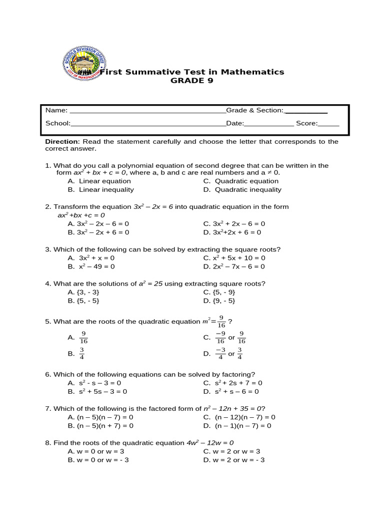 First-Summative-Test-in-Science 9 | PDF | Quadratic Equation | Equations