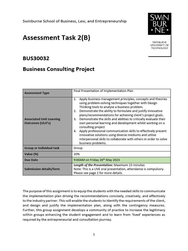 Assessment 2B_BUS30032_Final Presentation of Implementation Plan_S1 ...
