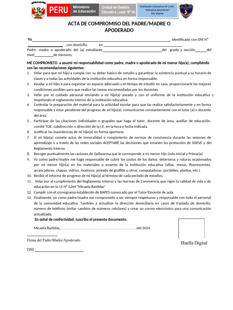 Acta de Compromiso Del Padre, Madre o Apoderado | PDF