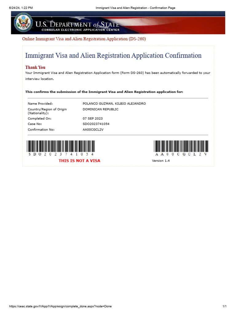 Immigrant Visa and Alien Registration - Confirmation Page | PDF
