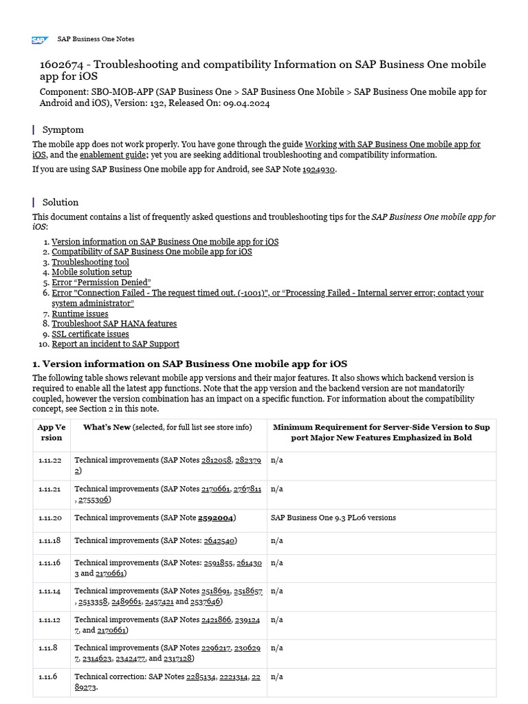 Troubleshooting and Compatibility Information On SAP Business One Mobile App For iOS | PDF
