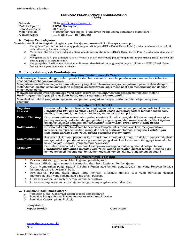 3 RPP 1 Lembar Rekayasa Kls X Sem.1 - WWW - Kherysuryawan.id | PDF