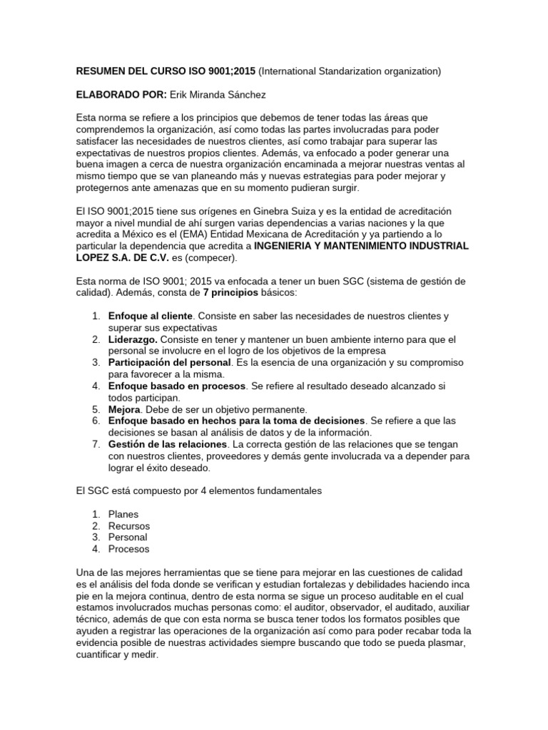 Resumen Del Curso Iso 9001 | PDF