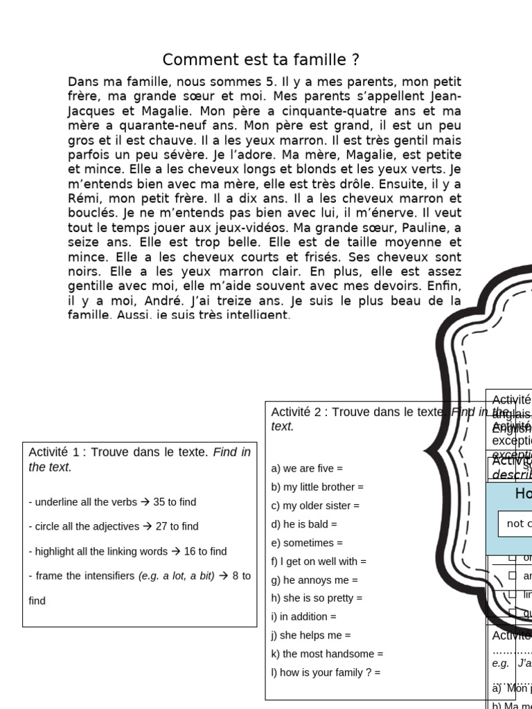 Ma Famille Reading Task 2 | PDF