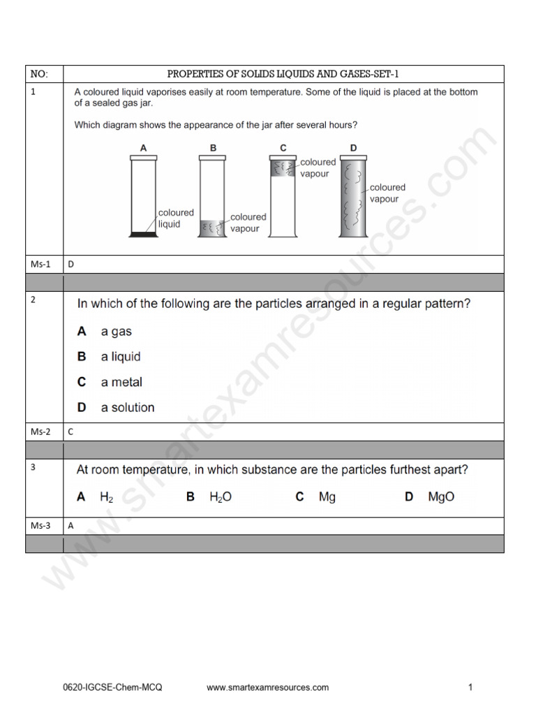 1.1.1 Paper 2 MCQ Topic 1 Properties of Solids Liquids and Gases Set 1 ...