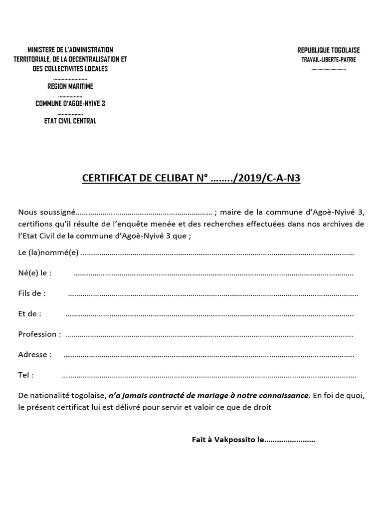 Formulaire Certificat de Celibat | PDF